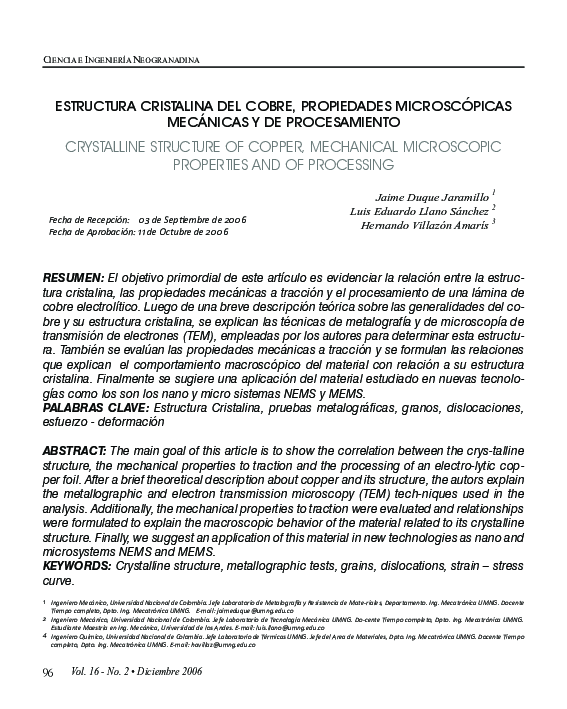 (PDF) Estructura cristalina del cobre, propiedades microscópicas mecánicas y de procesamiento