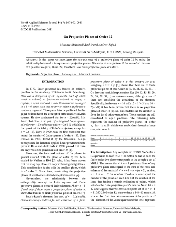 (PDF) On Projective Planes of Order 12
