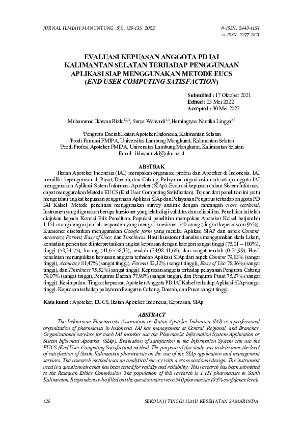 Pdf Evaluasi Kepuasan Anggota Pd Iai Kalimantan Selatan Terhadap Penggunaan Aplikasi Siap