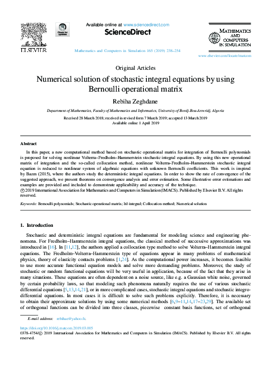 Pdf Numerical Solution Of Stochastic Integral Equations By Using Bernoulli Operational Matrix