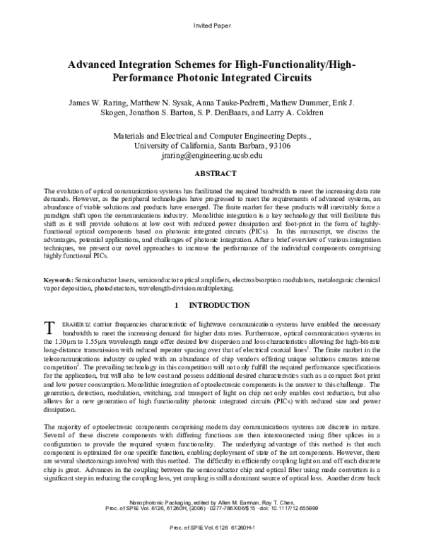 (PDF) Advanced integration schemes for high-functionality/high-performance photonic integrated ...