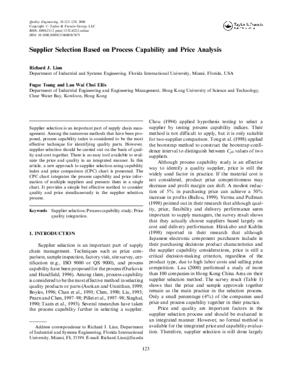 (PDF) Supplier Selection Based on Process Capability and Price Analysis
