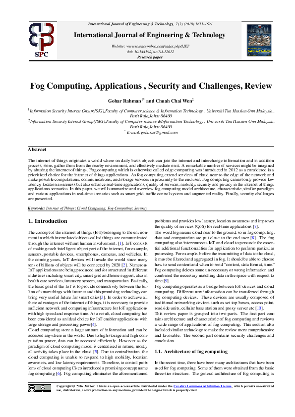 (PDF) Fog Computing, Applications, Security and Challenges, Review