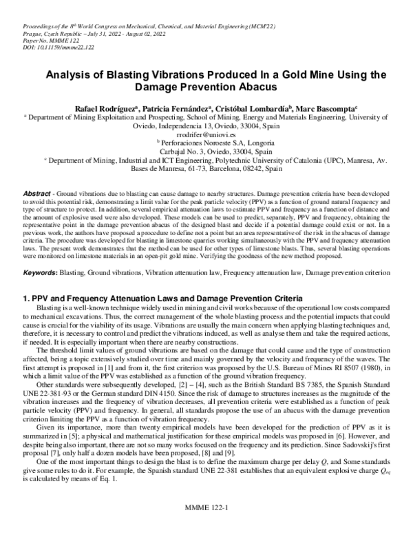 (PDF) Analysis of Blasting Vibrations Produced In a Gold Mine Using the Damage Prevention Abacus