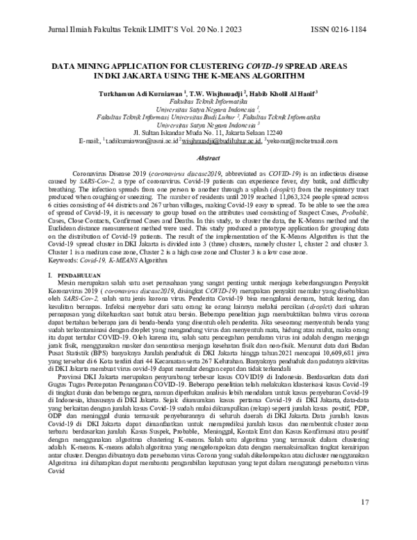 (PDF) Data Mining Application for Clustering COVID-19 Spread Areas in Dki Jakarta Using the K ...