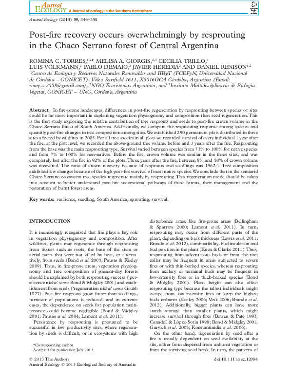(PDF) Post-fire recovery occurs overwhelmingly by resprouting in the ...