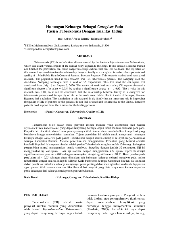 (PDF) Hubungan Keluarga Sebagai Caregiver Pada Pasien Tuberkolusis Dengan Kualitas Hidup di ...