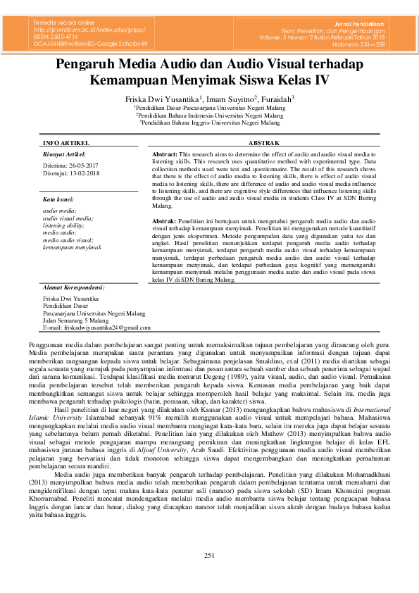 (PDF) Pengaruh Media Audio dan Audio Visual terhadap Kemampuan Menyimak Siswa Kelas IV | Friska ...