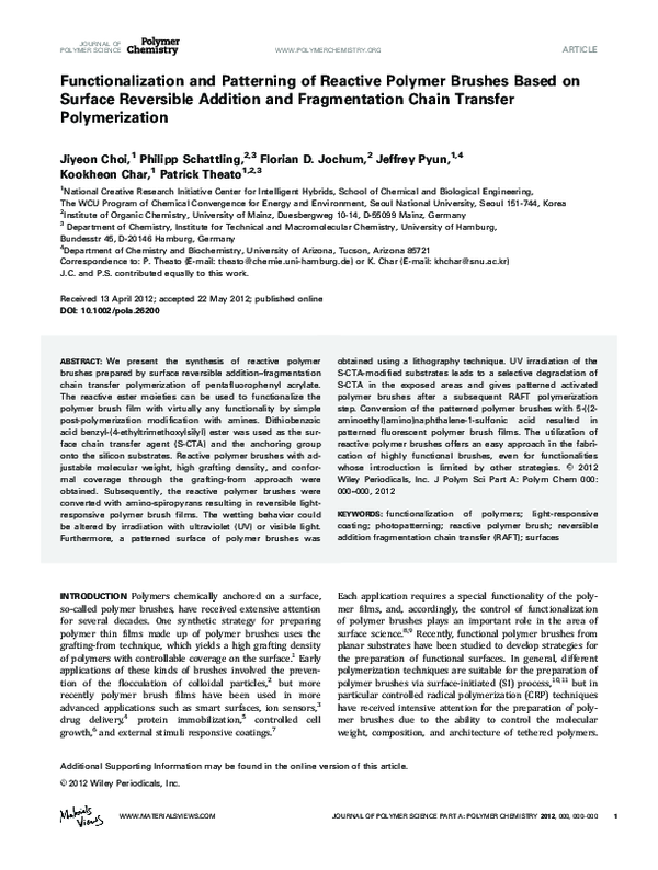 (PDF) Functionalization and patterning of reactive polymer brushes based on surface reversible ...