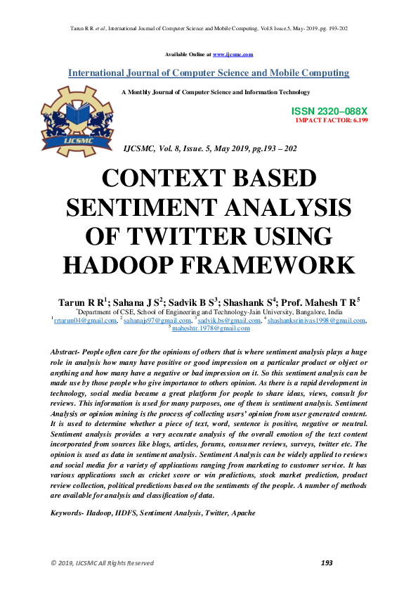 Pdf Context Based Sentiment Analysis Of Twitter Using Hadoop Framework