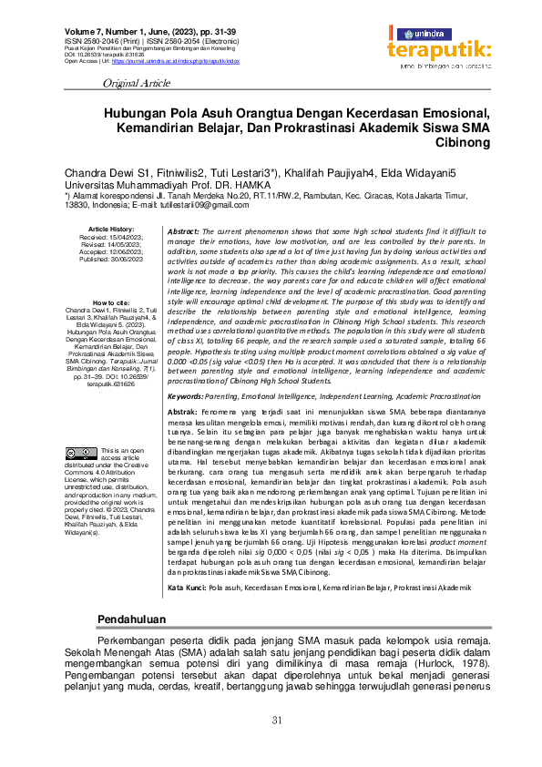 (PDF) Hubungan Pola Asuh Orangtua dengan Kecerdasan Emosional, Kemandirian Belajar, dan ...