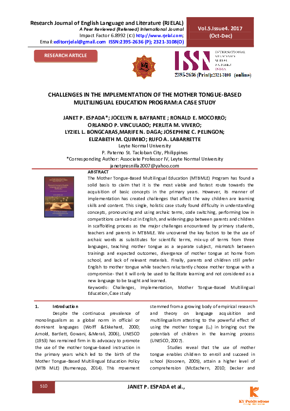 (PDF) Challenges in the Implementation of the Mother Tongue-Based ...