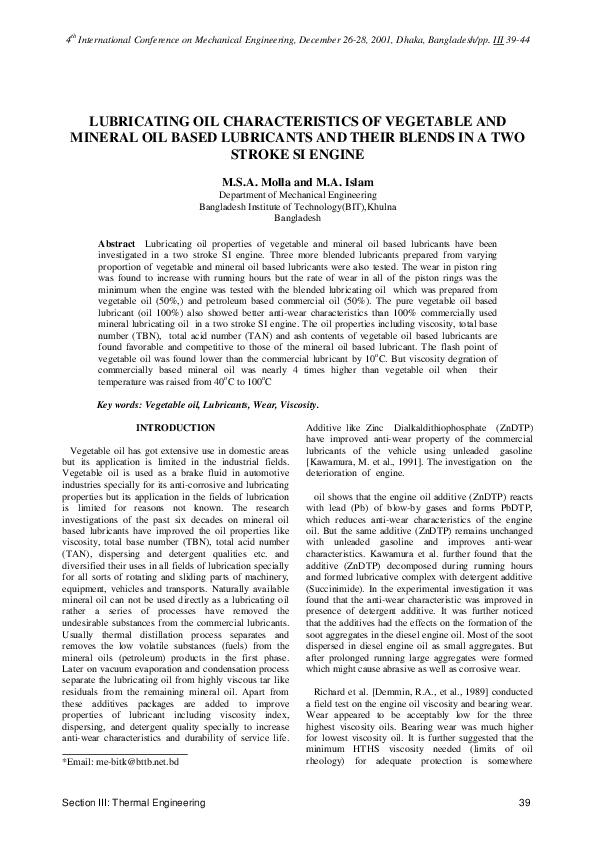 (PDF) Lubricating Oil Characteristics of Vegetable and Mineral Oil ...