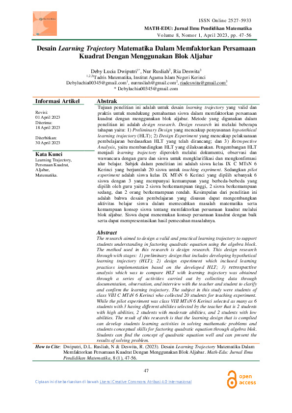 (PDF) Desain Learning Trajectory Matematika Dalam Memfaktorkan Persamaan Kuadrat Dengan ...