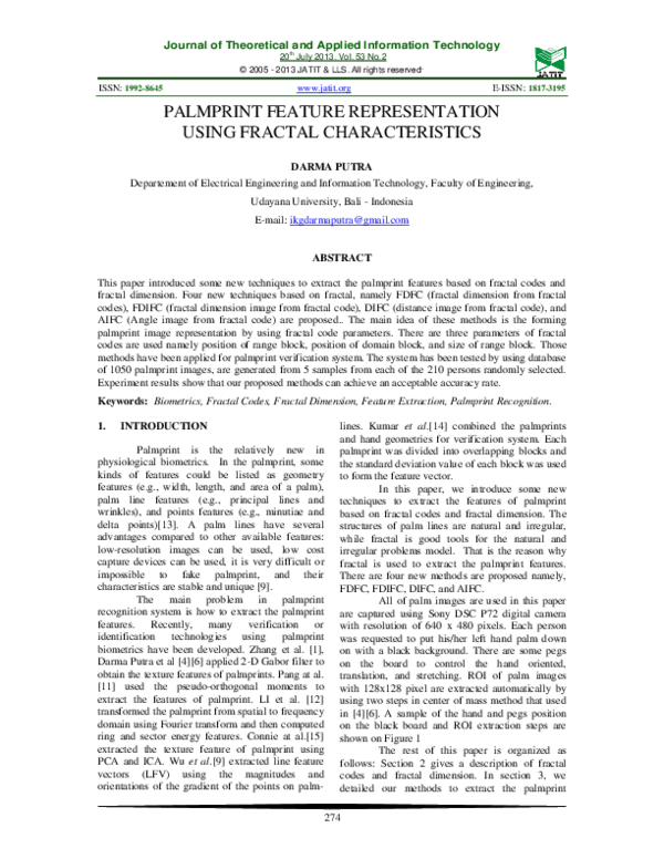 (PDF) Palmprint Feature Representation Using Fractal Characteristics | Darma Putra - Academia.edu
