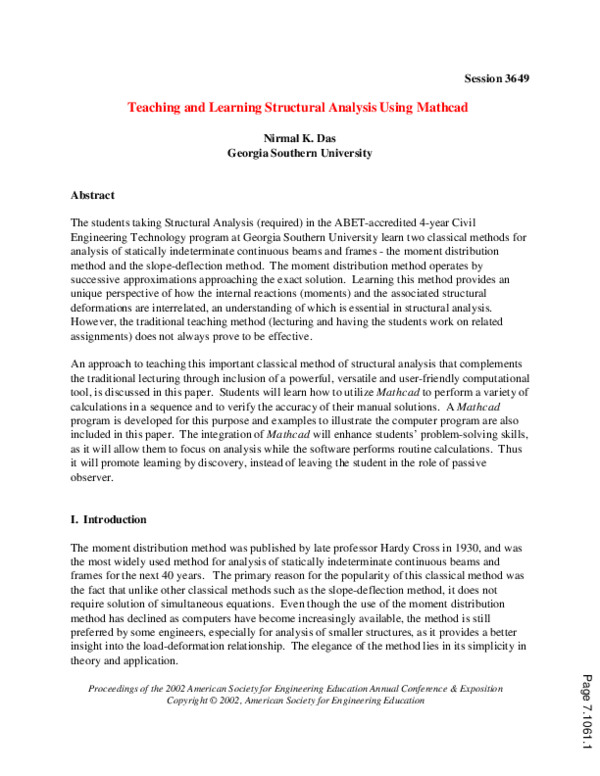 (PDF) Teaching And Learning Structural Analysis Using Mathcad