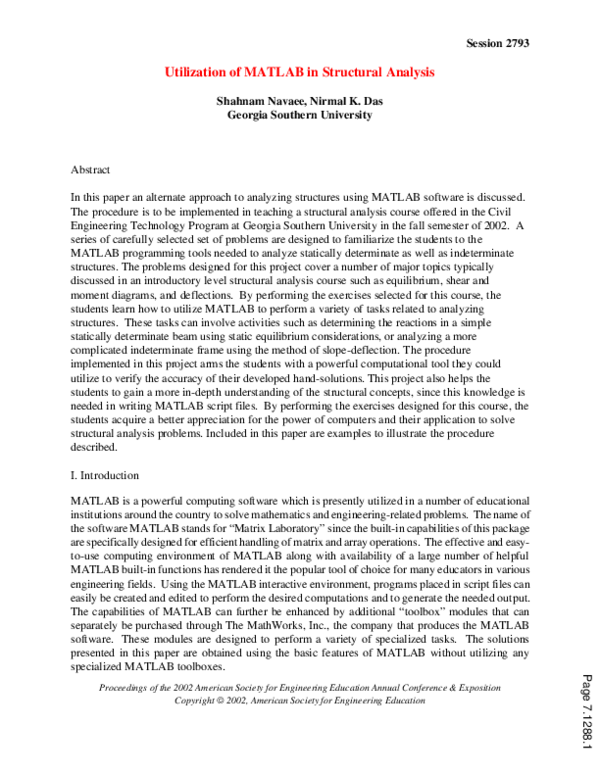 (PDF) Utilization Of Matlab In Structural Analysis | Nirmal Das ...