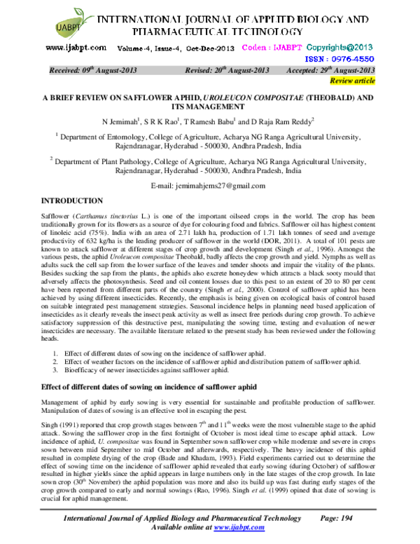 (PDF) Review article A BRIEF REVIEW ON SAFFLOWER APHID, UROLEUCON COMPOSITAE (THEOBALD) AND ITS ...