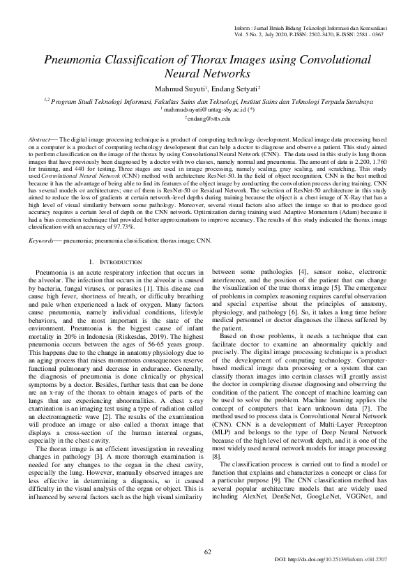 (PDF) Pneumonia Classification of Thorax Images using Convolutional ...