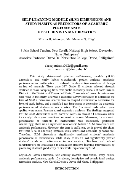 (DOC) Self-Learning Module (SLM) Dimensions and Study Habits as Predictors of Academic ...