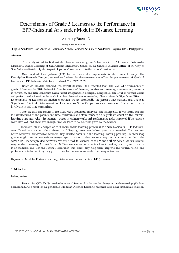 (PDF) Determinants of Grade 5 Learners to the Performance in EPP ...