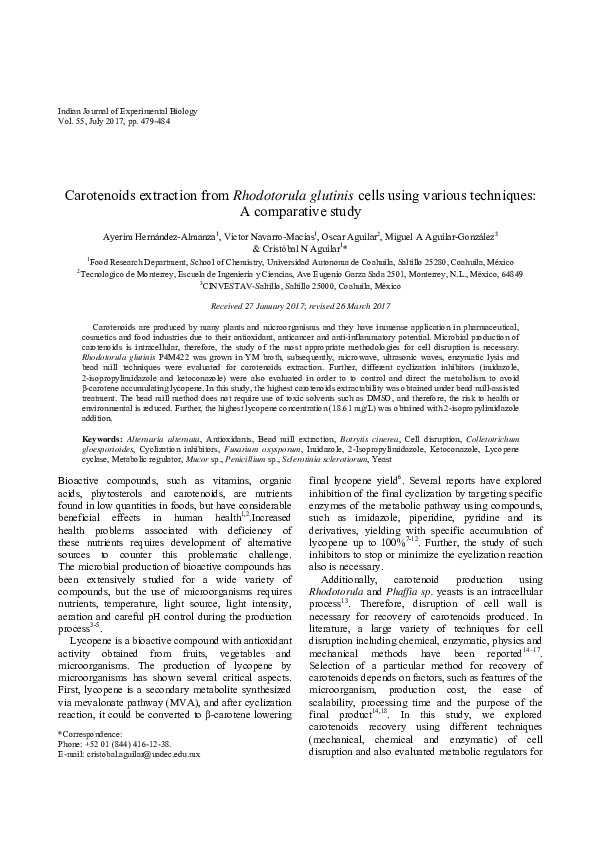 (PDF) Carotenoids extraction from Rhodotorula glutinis cells using various techniques: A ...