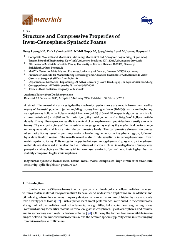 (PDF) Structure and Compressive Properties of Invar-Cenosphere Syntactic Foams