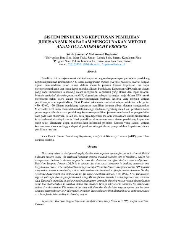(PDF) SISTEM PENDUKUNG KEPUTUSAN PEMILIHAN JURUSAN SMK N 6 BATAM MENGGUNAKAN METODE ANALYTICAL ...