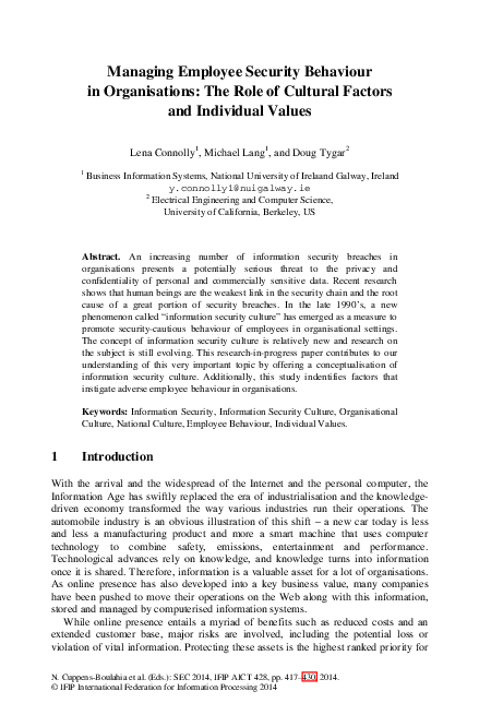 (PDF) Managing Employee Security Behaviour in Organisations: The Role ...