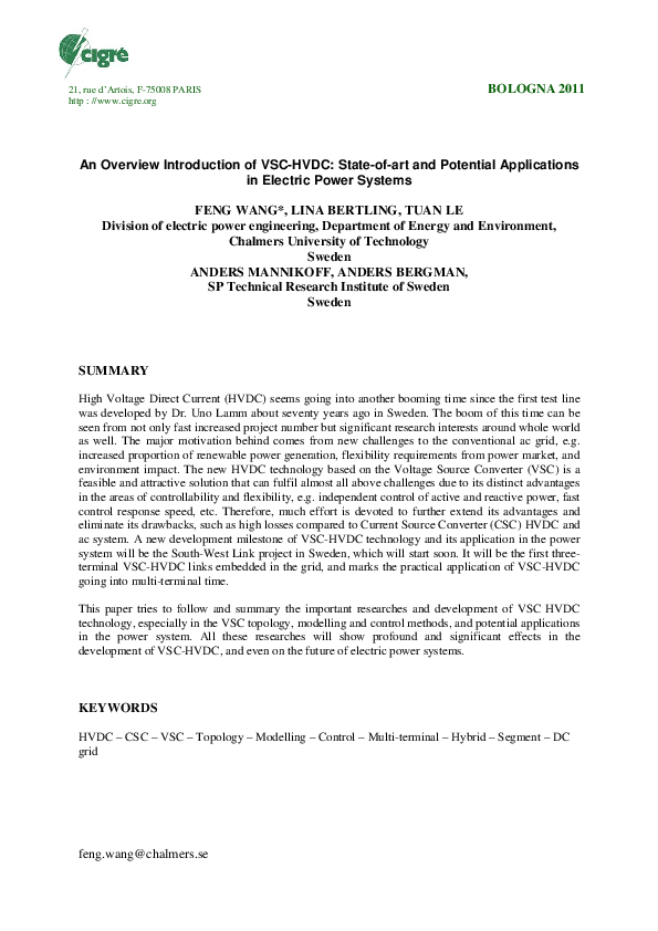 (PDF) An overview introduction of VSC-HVDC: State-of-art and potential applications in electric ...