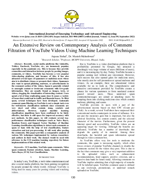 (PDF) An Extensive Review on Contemporary Analysis of Comment Filtration of YouTube Videos Using ...