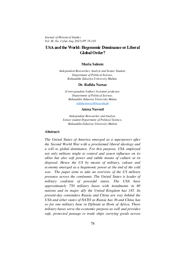 (PDF) USA and the World: Hegemonic Dominance or Liberal Global Order