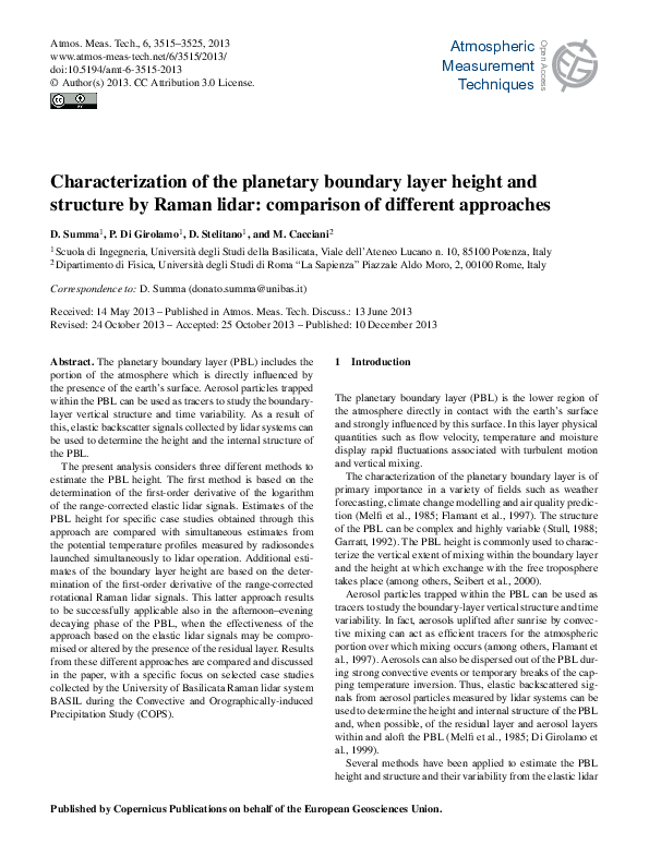Pdf Characterization Of The Planetary Boundary Layer Height And Structure By Raman Lidar