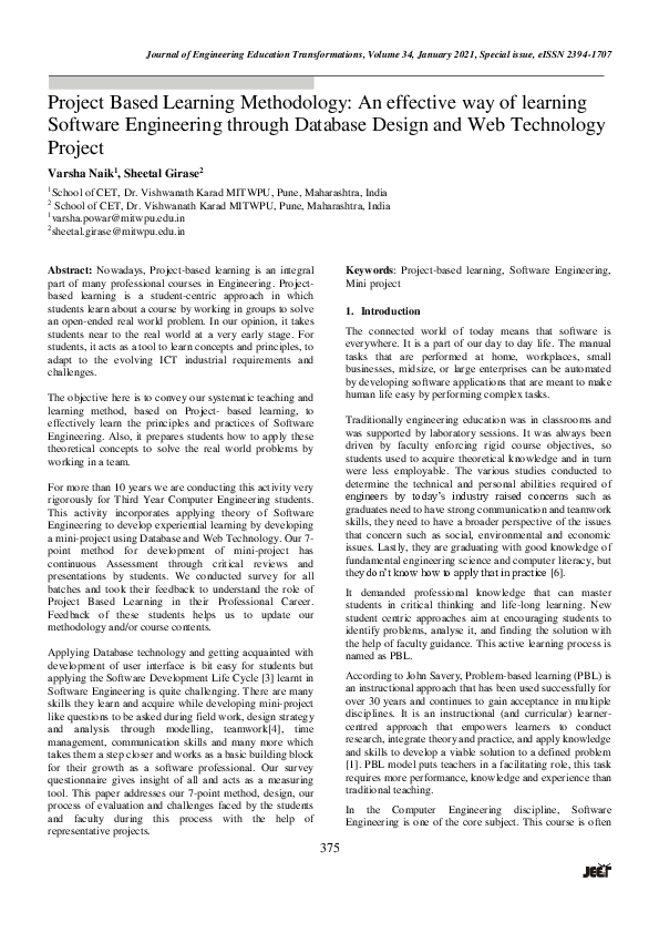 (PDF) Project Based Learning Methodology: An Effective Way of learning ...