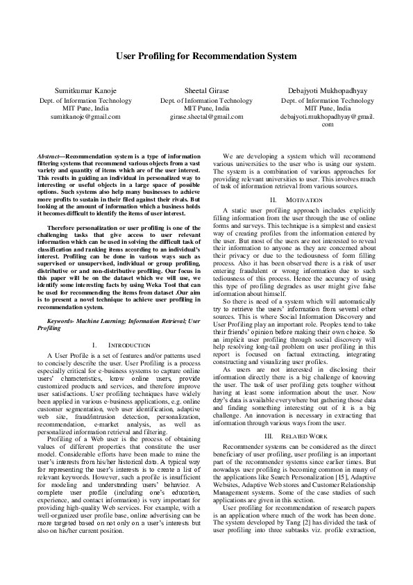 User Profiling for Recommendation System