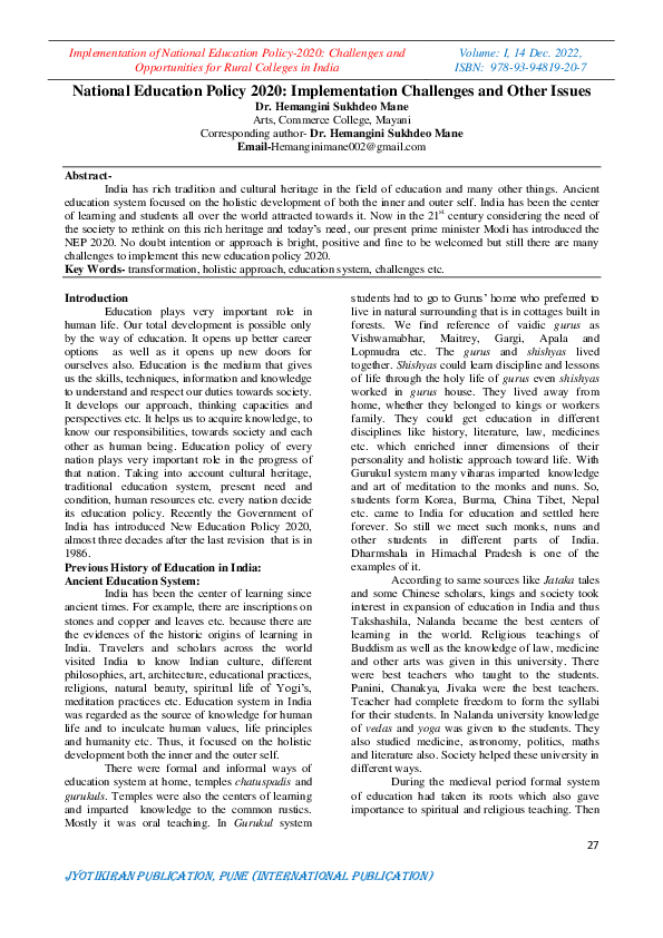 (PDF) National Education Policy 2020: Implementation Challenges and ...