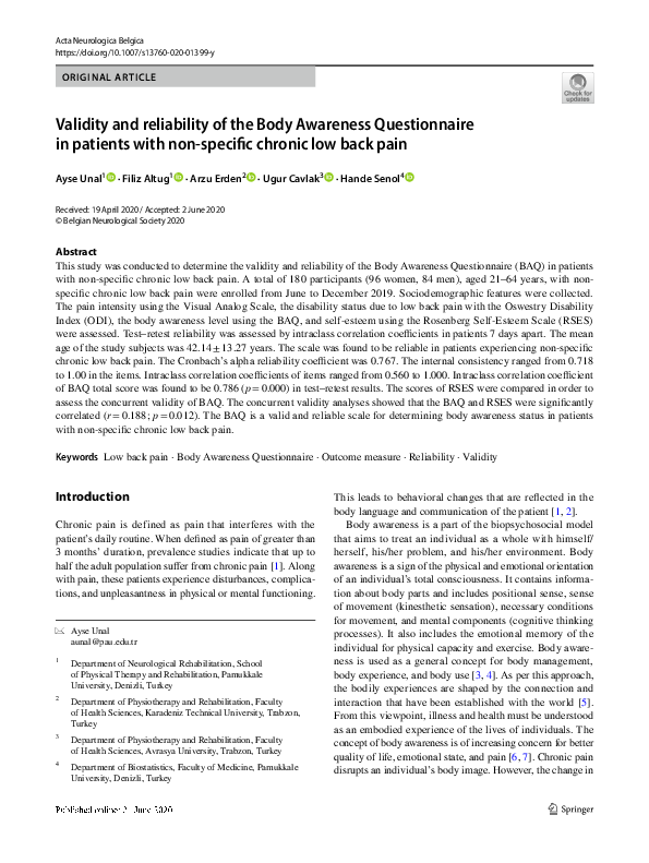 (PDF) Validity and reliability of the Body Awareness Questionnaire in patients with non-specific ...
