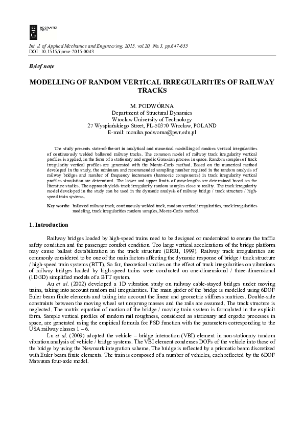 (PDF) Modelling Of Random Vertical Irregularities Of Railway Tracks