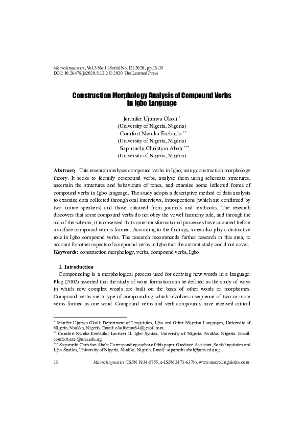 (PDF) Construction Morphology Analysis of Compound Verbs in Igbo Language