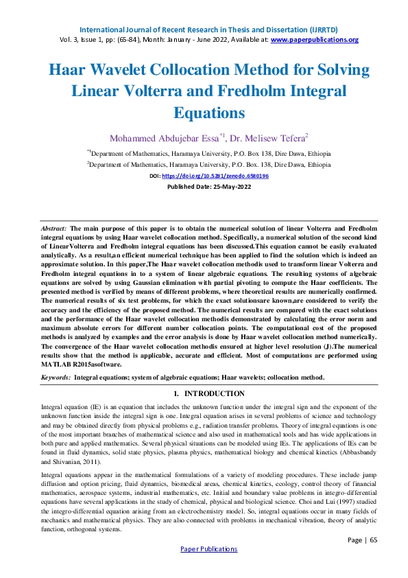 (PDF) Haar Wavelet Collocation Method for Solving Linear Volterra and Fredholm Integral Equations
