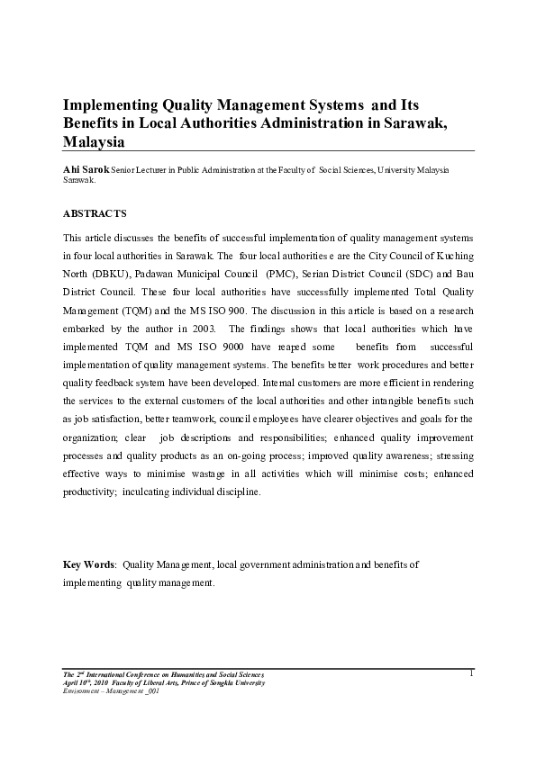 (PDF) Implementing quality management systems and its benefits in local authorities ...