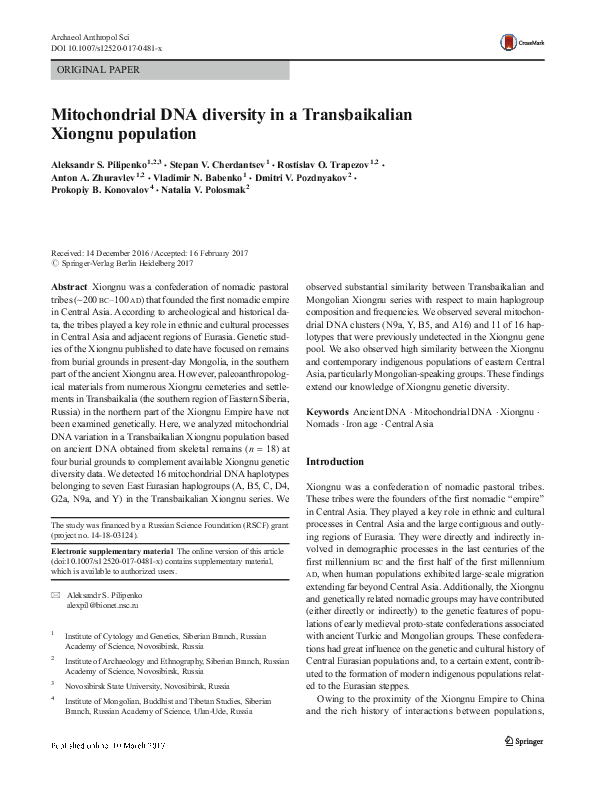 (PDF) Mitochondrial DNA diversity in a Transbaikalian Xiongnu population
