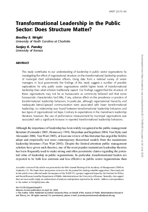 (PDF) Transformational Leadership in the Public Sector: Does Structure Matter?