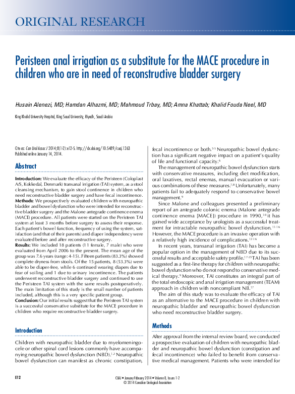 (PDF) Peristeen anal irrigation as a substitute for the MACE procedure ...