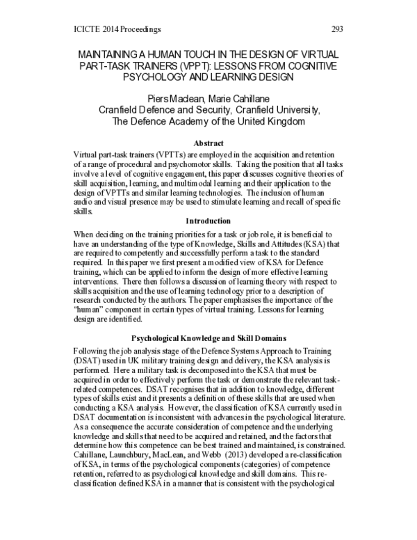 (PDF) Maintaining a Human Touch in the Design of Virtual Part-Task Trainers (VPPT): Lessons from ...