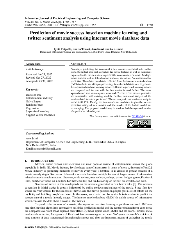 (PDF) Prediction of movie success based on machine learning and twitter sentiment analysis using ...