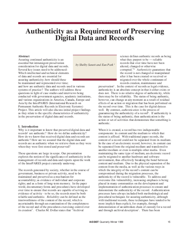 (PDF) Authenticity as a Requirement of Preserving Digital Data and Records