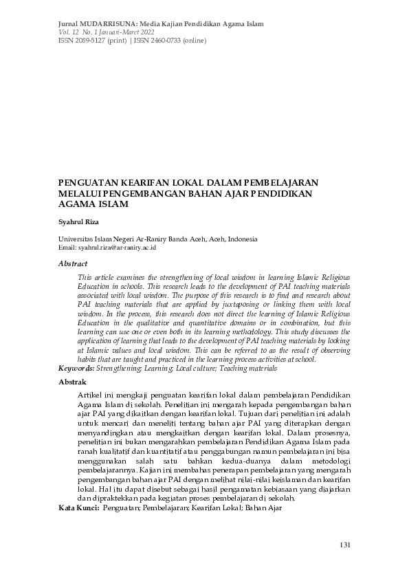 (PDF) Penguatan Kearifan Lokal dalam Pembelajaran melalui Pengembangan Bahan Ajar Pendidikan ...