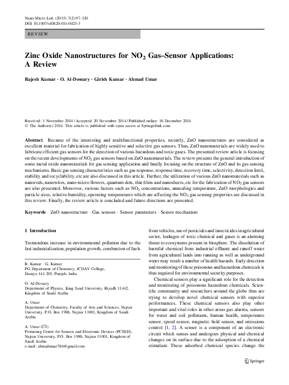 (PDF) Zinc Oxide Nanostructures for NO2 Gas–Sensor Applications: A Review | Ahmad Umar ...
