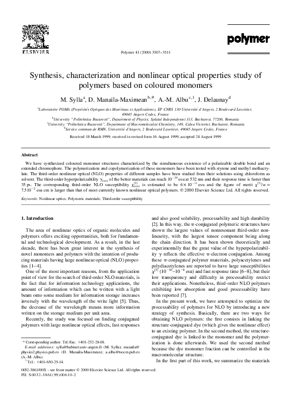 (PDF) Synthesis, characterization and nonlinear optical properties study of polymers based on ...